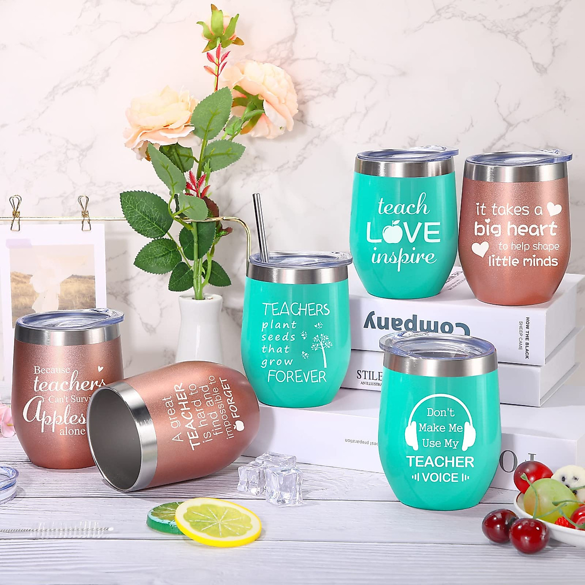 Teacher Appreciation Gifts, Teacher Gifts Thank You, Coffee Mug for Teachers, Teacher Tumbler with Straws Lids and Brushes for Graduation Educators Birthday Christmas Gift, 12 OZ (Mint, Rose Gold)
