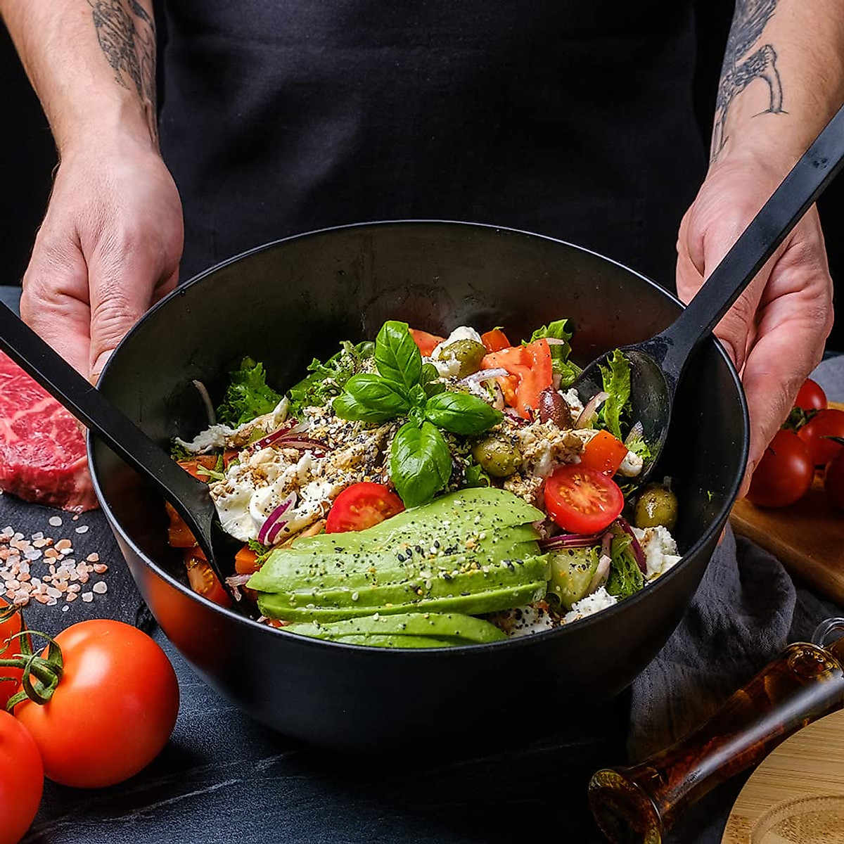 ACASSA Salad Bowl with Servers, Salad Bowl Large, 9.8", 4 Small Serving Bowls, Salad Bowl with Tongs, Salad Mixing Bowl with Lid, Bamboo Fiber, Wooden Salad Bowl Set, Lightweight, Dishwasher Safe