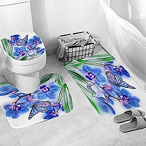 mamrug 4 PCS Butterfly Shower Curtain Sets with Non-Slip Rugs and Toilet Lid Cover Purple Flower Phalaenopsis Bath Decor Shower Curtains 72"x 72" with 12 Hooks Durable Waterproof for Bathroom