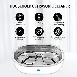 Ultrasonic Jewelry Cleaner High Capacity SUS304 Tank Cleaning Eyeglasses Machine 48KHz Portable and Low Noise Ultrasonic Machine for Ring, Earrings, Necklace, Silver, Retainer, Watches, Coins, Razors