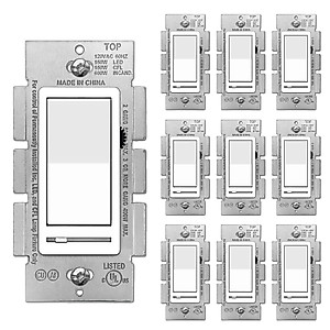 BESTTEN 10 Pack Dimmer Light Switch, Single Pole or 3-Way, LED Dimmer Switches, Compatible with Dimmable LED, CFL, Incandescent and Halogen Bulb, Neutral Wire Not Required, 120VAC