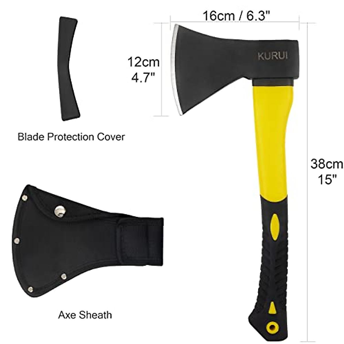 KURUI Wood Chopping Axe with Sheath, 15” Outdoor Camping Hatchet for Cutting and Kindling, Camp Splitting Axe with Fiber Glass Shock-Absorbent Anti-Slip Handle