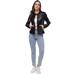 Fahsyee Women's Faux Leather Jackets, Zip Up Motorcycle Short PU Moto Biker Outwear Stand Collar Coat Size L Black