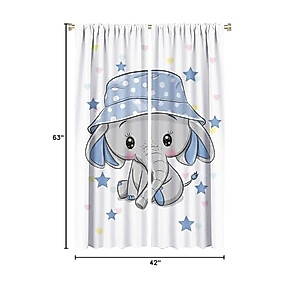 Denruny Cartoon Cute Elephant Curtain Nursery Baby Elephant with Blue Hat Windows Drapes for Nursery Room Kids Room Gifts for Boys and Girls Rod Pocket 2 Panels 63L x 21W