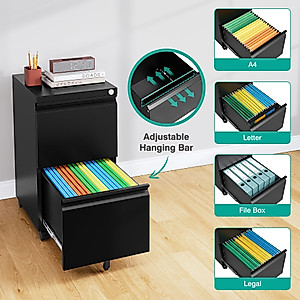 SISESOL 2 Drawer File Cabinet on Wheels,Metal Filing Cabinet with Lock,Black Rolling File Cabinets,Under Desk Office Cabinets for Home Office,Fit A4/Letter/Legal
