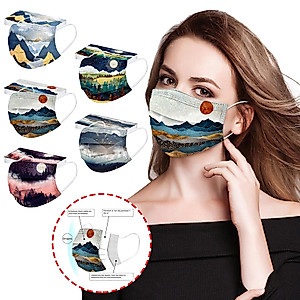 Felicy 50PC Sun Mountain Forest Watercolor printed Disposable Face Mask, Full Face Protection Women Adults Nose Clip Elastic Earloop (F - Mixed Colors), 6.9 x 3.7inch / 17.5 x 9.5cm