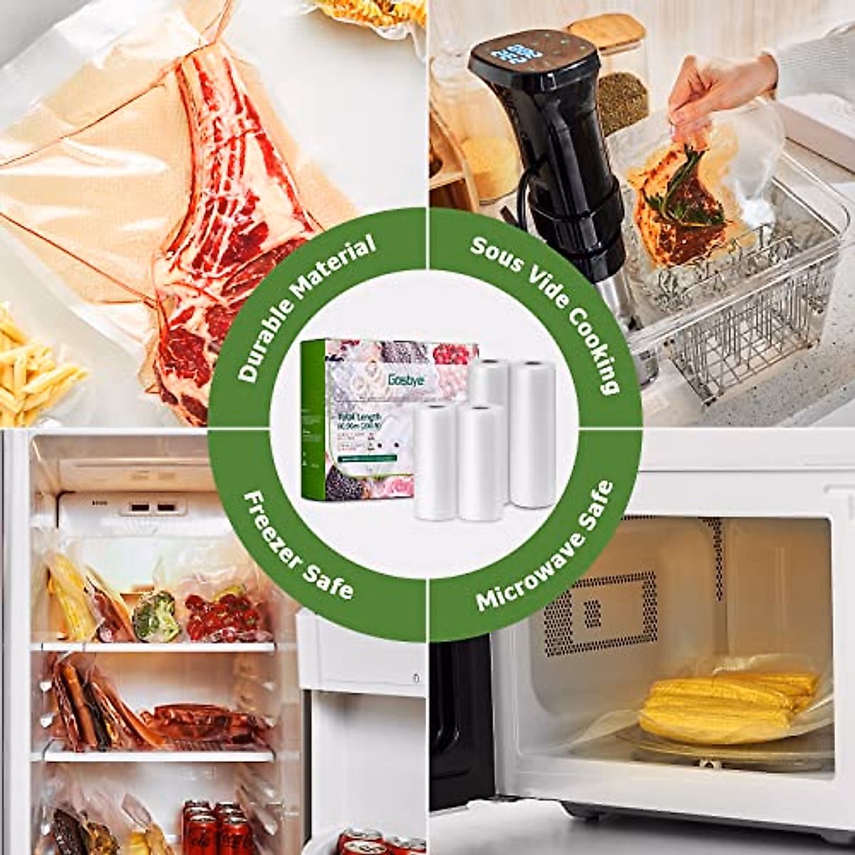 Gasbye Vacuum Sealer Bags, [200ft Mega-Pack] 4 Rolls each 8"x50' Food Saver Vacuum Sealer Bags Rolls for Custom Fit Airtight Freshness & Sous Vide, BPA Free, 7-Layer Ultra-Thick Anti-Puncture Design