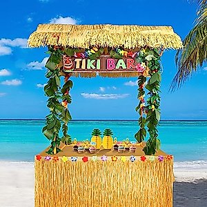 Auihiay 50PCS Tiki Bar Hut Kit, Tiki Hut Decoration Includes Tiki Bar, Banner, Roof, Palm Leaves, Flower Garland and Table Skirt, Great Hawaiian Pool Beach Luau Party Decor Supplies