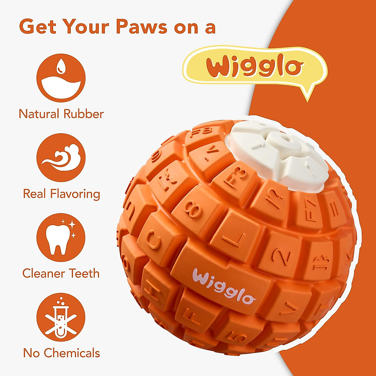 Wigglo Tough Durable Dog Ball Toy for Aggressive Chewers, Natural Rubber Dog Toy for Large/Medium Dogs, 3.5" Diameter Dog Ball Chew Toy, Helps with Dog Separation Anxiety, Dishwasher Safe, Orange
