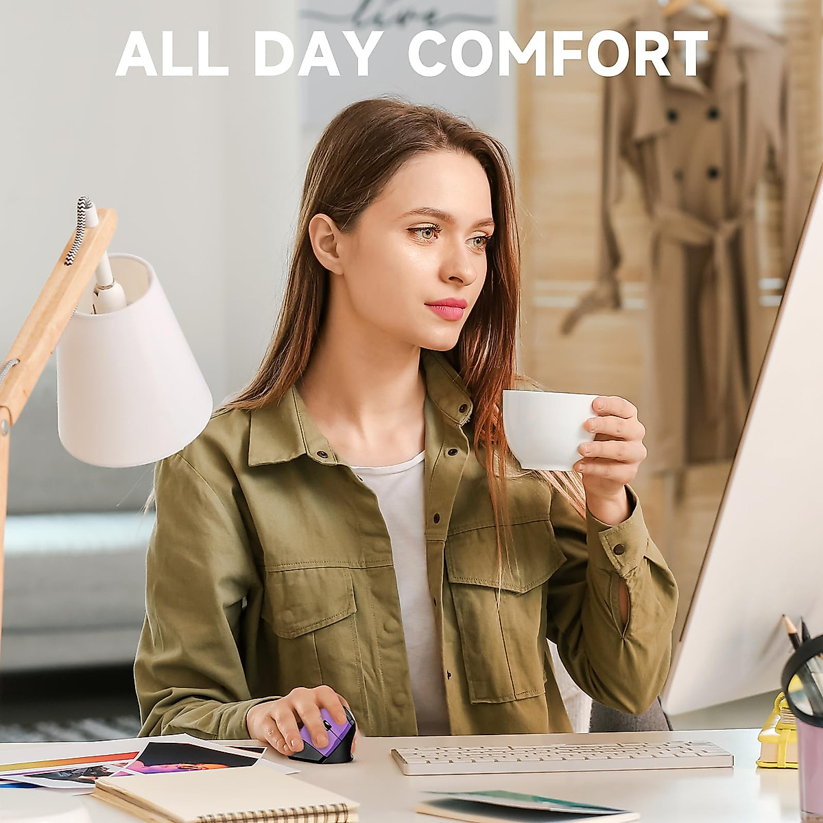 memzuoix Ergonomic Mouse Wireless,2.4G Optical Cordless Mice with 800/1200/1600 DPI,Vertical Computer Wireless Mouse for Laptop, Mac,PC,Desktop (for Right Hand, Large),Purple Mouse