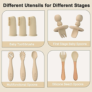 LITTLE RAWR Silicone Baby Feeding Set 14 Pcs,Baby Led Weaning Supplies, Baby Spoons Suction Bowl Divided Plate Bib Cup Finger Brush,First Stage Solid Food Eating Utensils - 6+ Months(Beige)