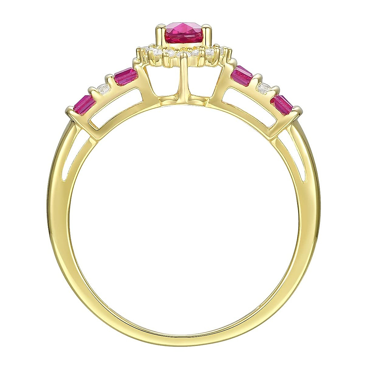 Tirafina Genuine Ruby and Diamond Ring, Alternating Design Of Genuine Gemstones and Diamonds, Center Stone Is Surrounded By Halo Of Diamonds, Gemstone Statement Ring, 14K Yellow Gold (Diamond 1/10 cttw)
