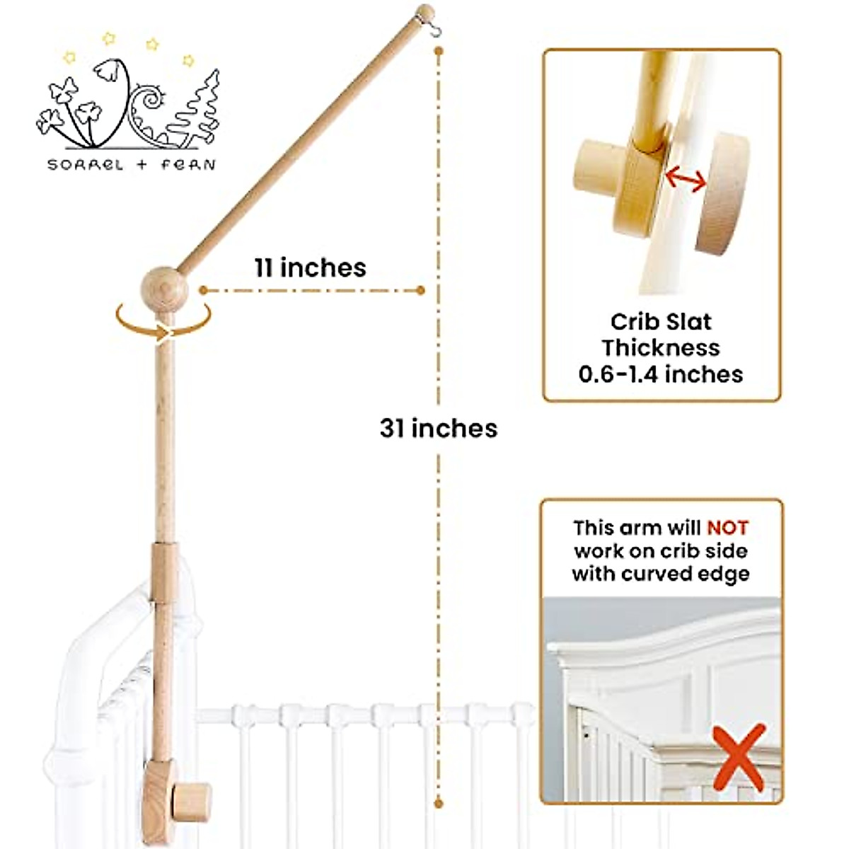 Sorrel + Fern Wooden Baby Crib Mobile Arm - Baby Mobile Holder Arm (31 inch, 100% Natural Beech Wood) - Strong Anti Slip Attachment - Nursery Decor