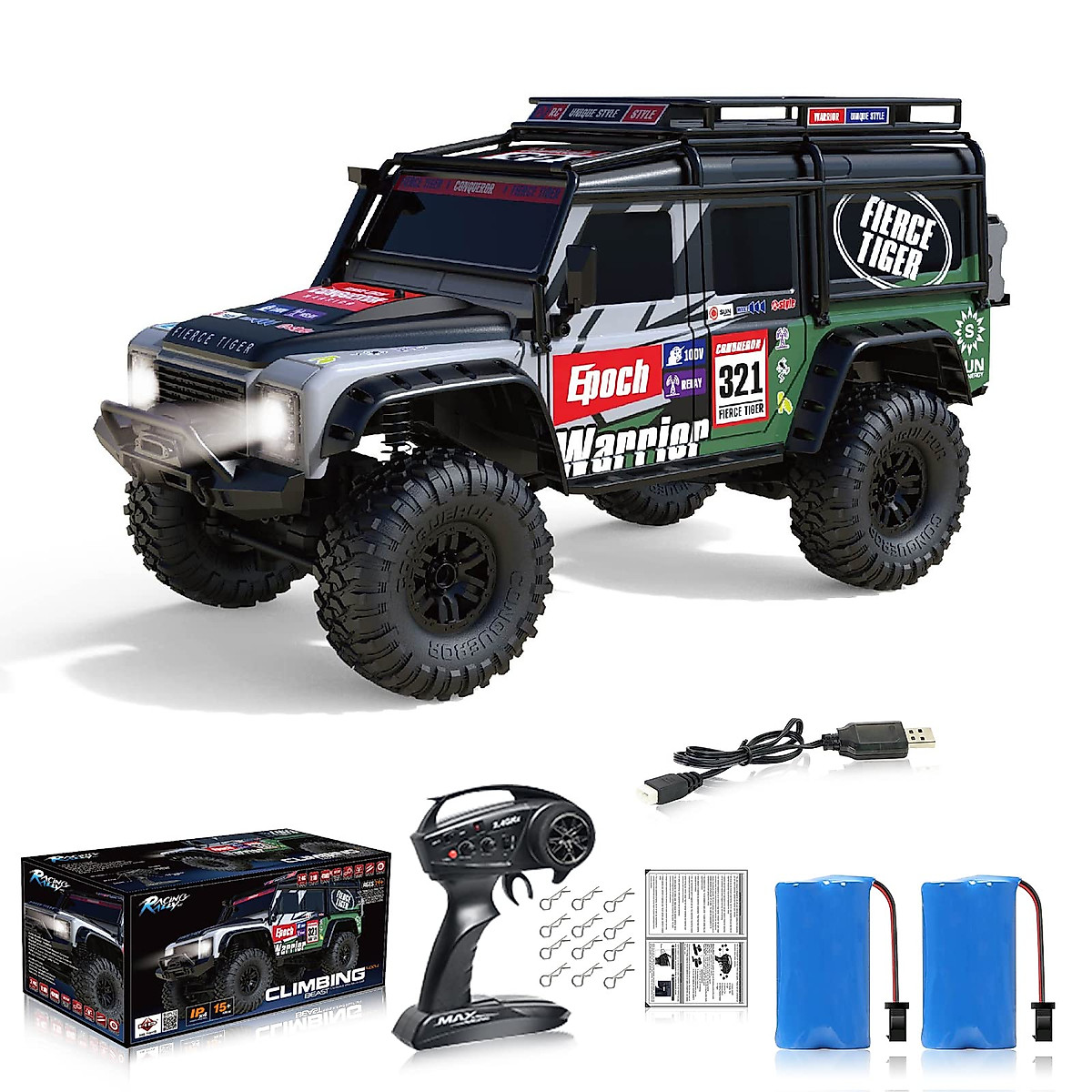 Desdoni RC Cars RC Crwaler 1/10 Scale RTR Remote Control Car 4WD 2.4GHz Brushed Offroad Racing Hobby Grade Model Vehicle with LED Lights 2Pcs Battery Toy for Kids and Adults