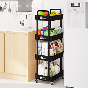 Laiensia 4-Tier Storage Cart,Multifunction Utility Rolling Cart Kitchen Storage Organizer,Mobile Shelving Unit Cart with Lockable Wheels for Bathroom,Laundry,Living Room,With Classified Stickers,Black