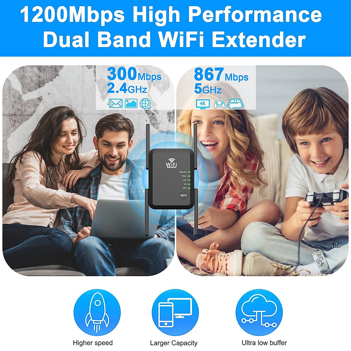 WiFi Extender Signal Booster Long Range Coverage to 8000sq.ft and 45+ Devices, WiFi 2.4&5GHz Dual Band WPS WiFi Signal Strong Penetrability, 360°Coverage Supports Ethernet Port