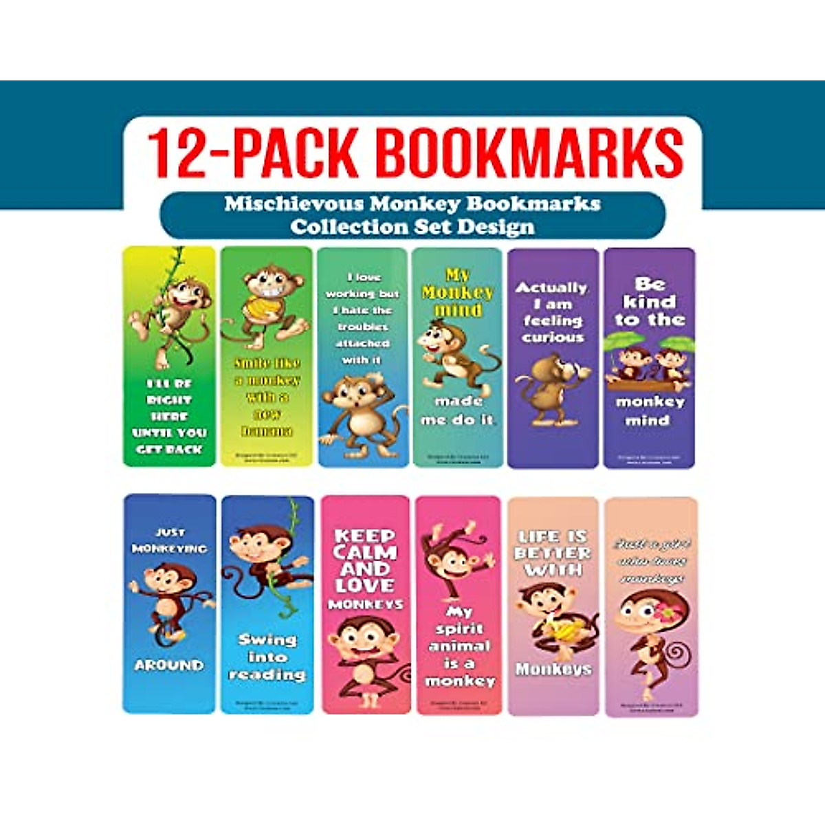 Creanoso Mischievous Monkey Bookmarks (2-Sets X 6 Cards) – Daily Inspirational Card Set – Interesting Book Page Clippers – Great Gifts for Adults and Professionals