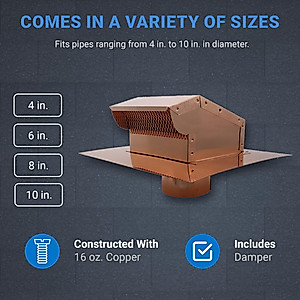 Generic Copper Rooftop Exhaust Vent Cap with Damper and Bottom Extension (10 Inch)