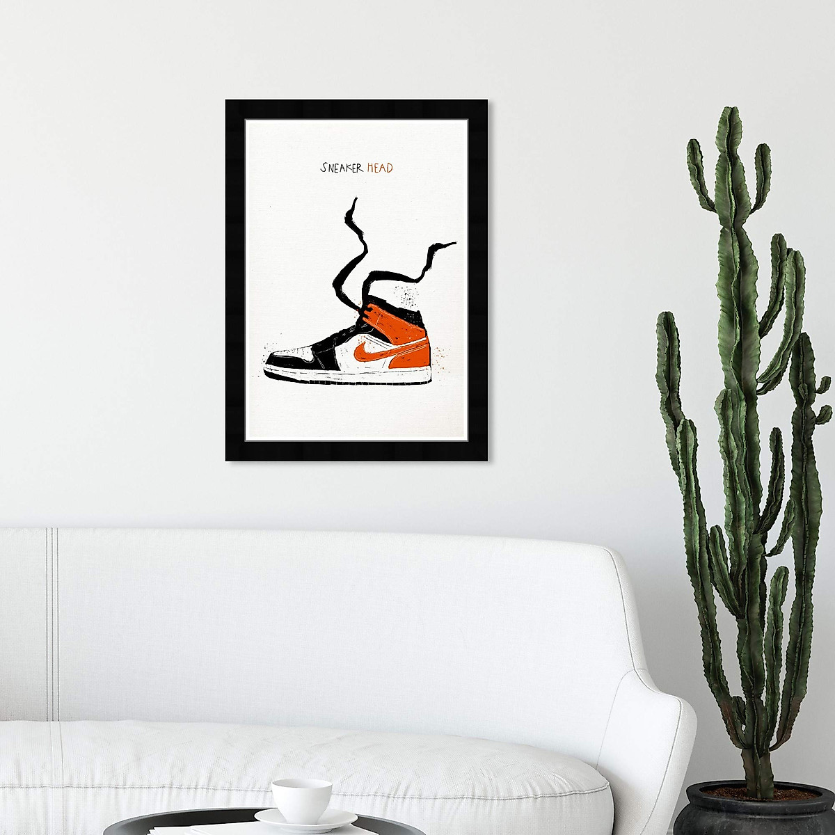 Wynwood Studio Basketball Sneakers Wall Art Street Style Home Décor Framed Poster Print Painting 'Sneaker Head Drawing' in Black, Red Swoosh Jordans