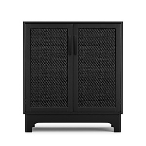 Anmytek Black Rattan Storage Cabinet with 2 Doors, Adjustable Shelf, Large Space - Entryway Hallway Cabinet, Sideboard Buffet for Living Room, Kitchen H0095