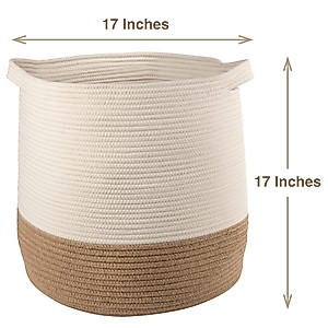 GooBloo Woven Blanket Basket - 17" x 17” - Large Tall Decorative Laundry Hamper with Handles - Cotton Rope Storage for Baby Nursery or Living Room