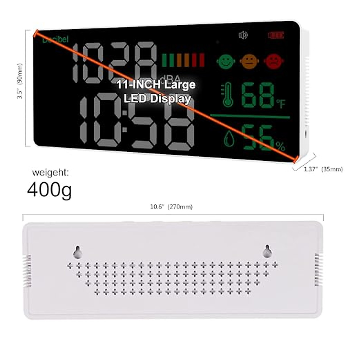 5-in-1 Decibel Meter Wall Hanging Sound Level Meter 30-130dB Range 11 Inch Large LED Display Noise & Time & Temperature & Humidity Meter Wide Applications for Home, Studio, Factory, Classroom
