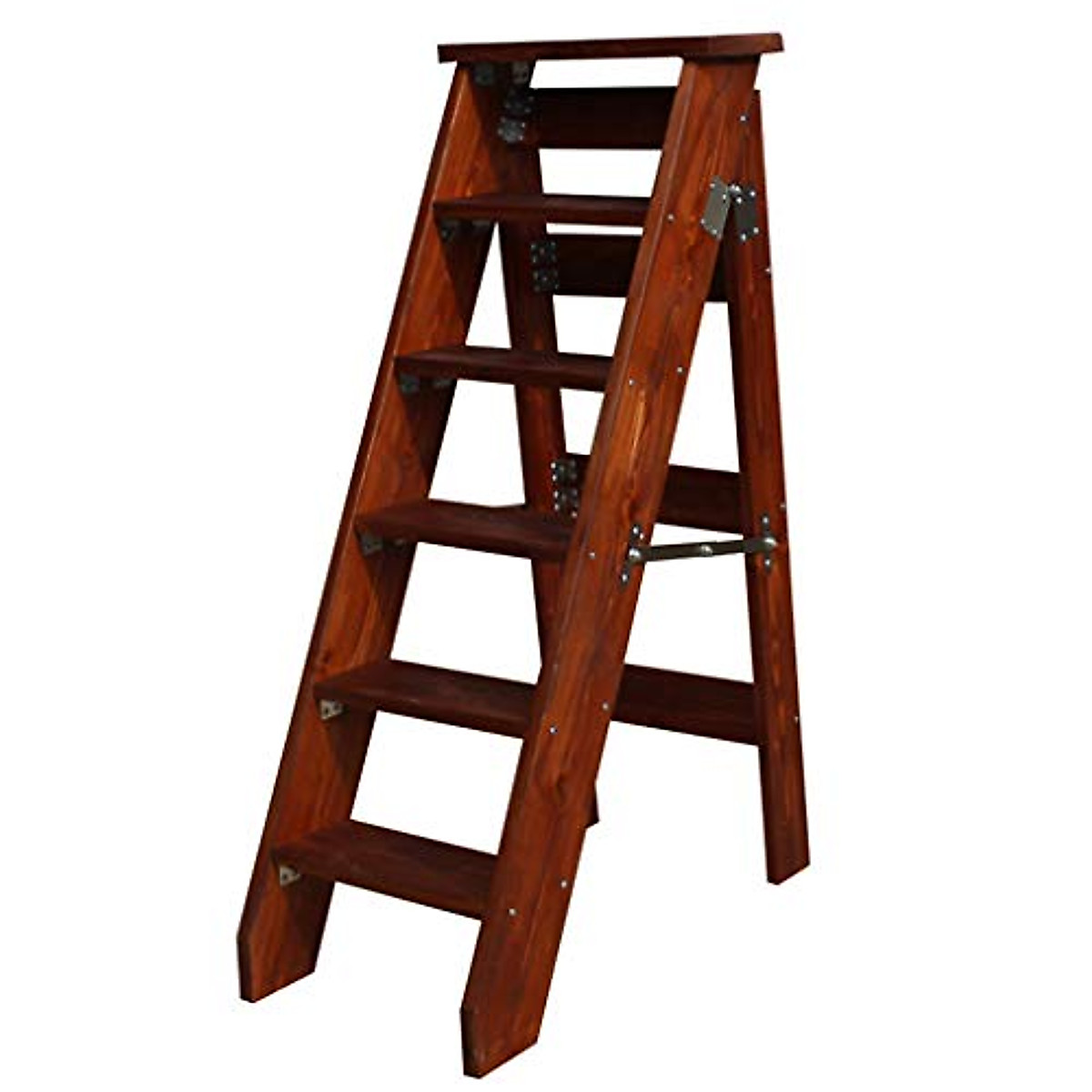 XWZJY Moveable 6 Steps Stepladder Multifunction Wooden Ladder Stool Folding Stairs Chair for Living Room/Kitchen/Balcony/Courtyard,Height 120cm,Load Bearing 150kg
