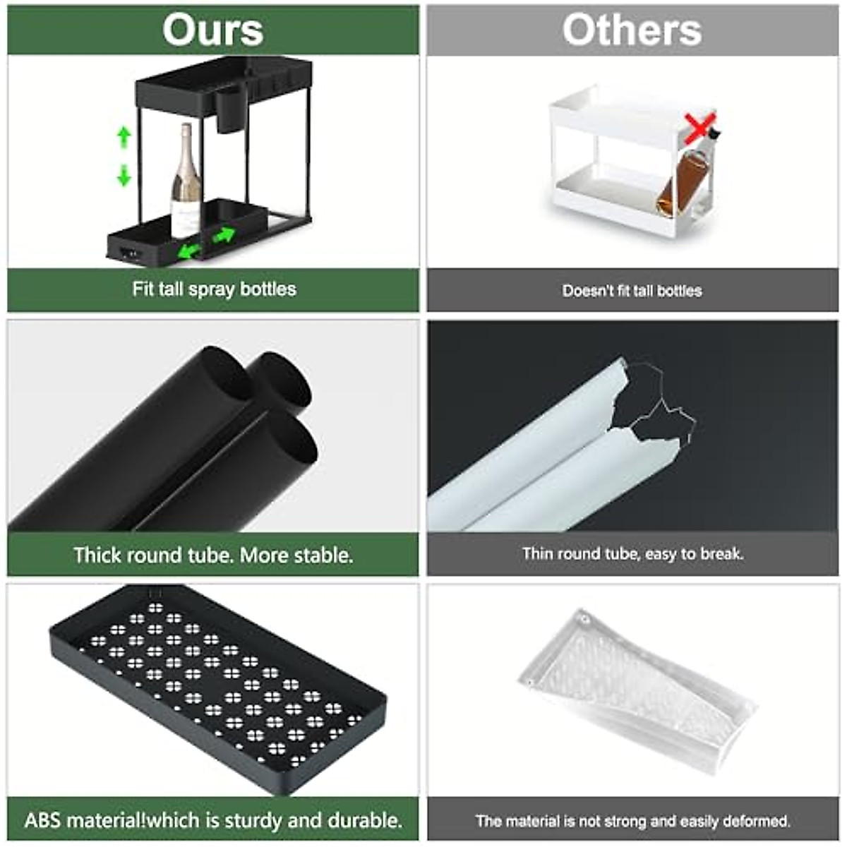 seasky Under Sink Organizers and Storage 2 Pack, 2 Tier Adjustable Height Sliding Bathroom Organizer, Kitchen Organizer Multipurpose Under Sink Cabinet Storage with 8 Hooks and 2 Hanging Cup