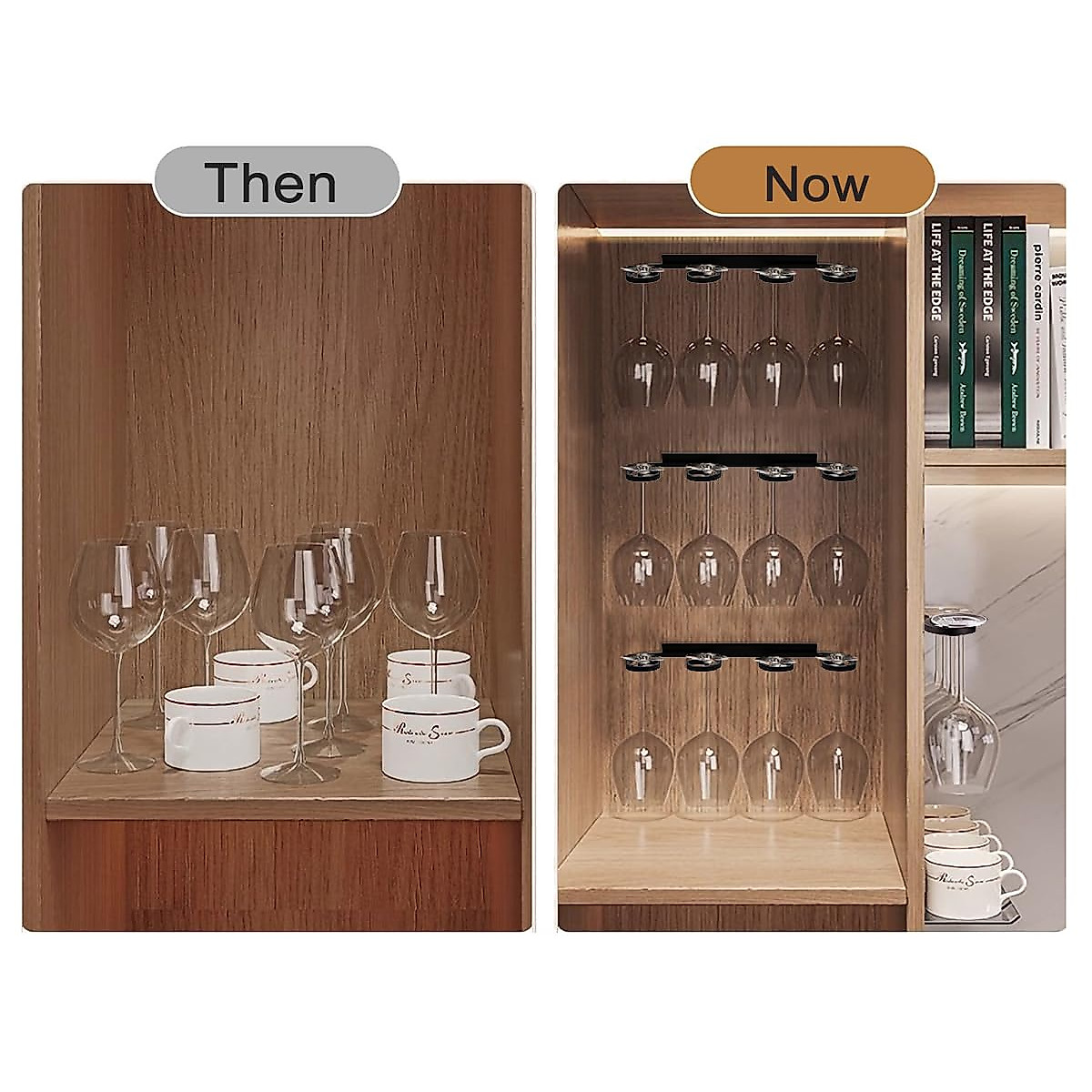 GeLive 15 Inch Wall Mounted Stemware Holder Under Cabinet Wine Glass Rack Glasses Storage Hanger Organizer for Bar Kitchen Aluminum Alloy Black