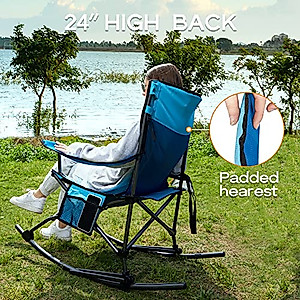 PORTAL Folding Camping Rocking Chair Portable Outdoor Rocker High Back Cup Holder Side Pocket Carry Bag Included, Support 300 lbs (Blue)