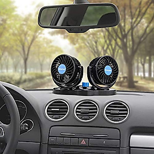 Jhua 12V Electric Car Fan 360 Degree Rotatable 2 Speed 4in Dual Head Car Auto Cooling Air Circulator Fan Quiet - Cigarette Lighter for Van SUV RV Boat Auto Vehicles Golf (Black