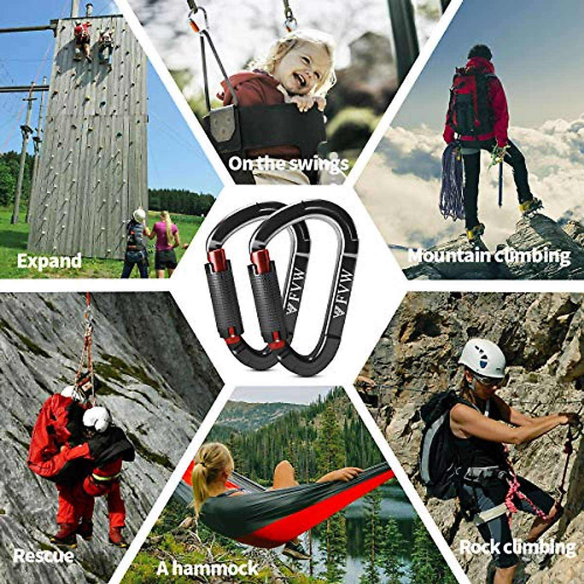 FVW 3 Pieces Heavy Duty Climbing Carabiners, 25KN UIAA Certified Auto Locking Rock Climbing Carabiners Clips for Hammocks, Swing, Locking Dog Leash and Harness, Camping, Hiking & Utility (Black)