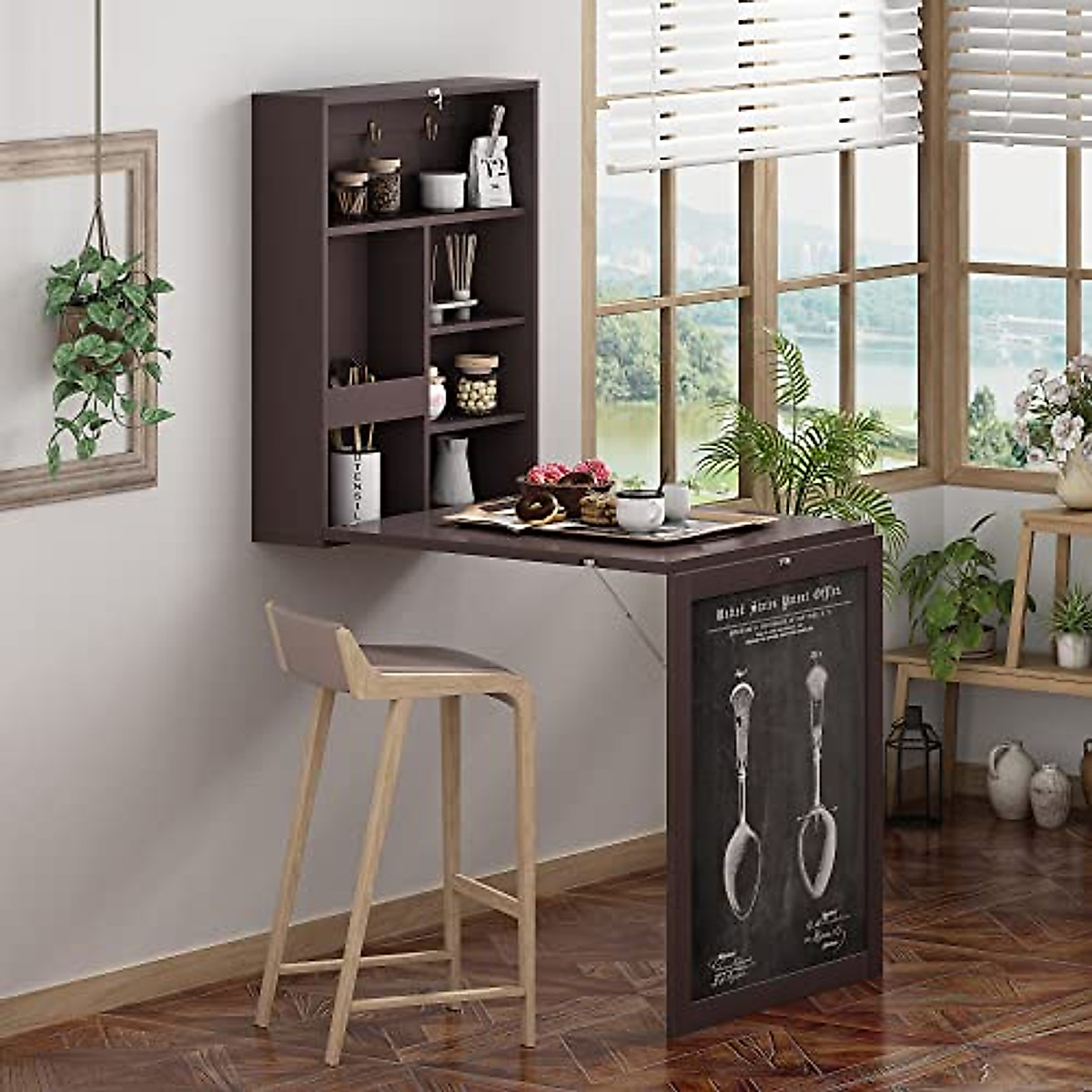 JAXPETY Wall Mounted Space-Saving Desk, Fold Out Computer Laptop Desk with Storage Bookcase & Chalkboard, Convertible Writing Desk for Home Office, Brown