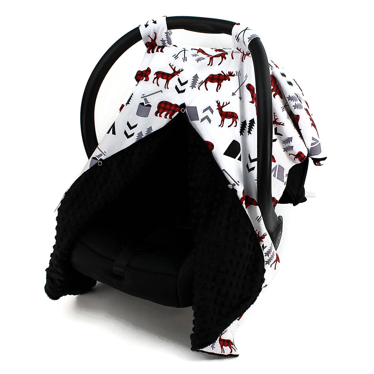 Dear Baby Gear Car Seat Canopy, Woodland Adventure Bear Moose Plaid, Minky Black