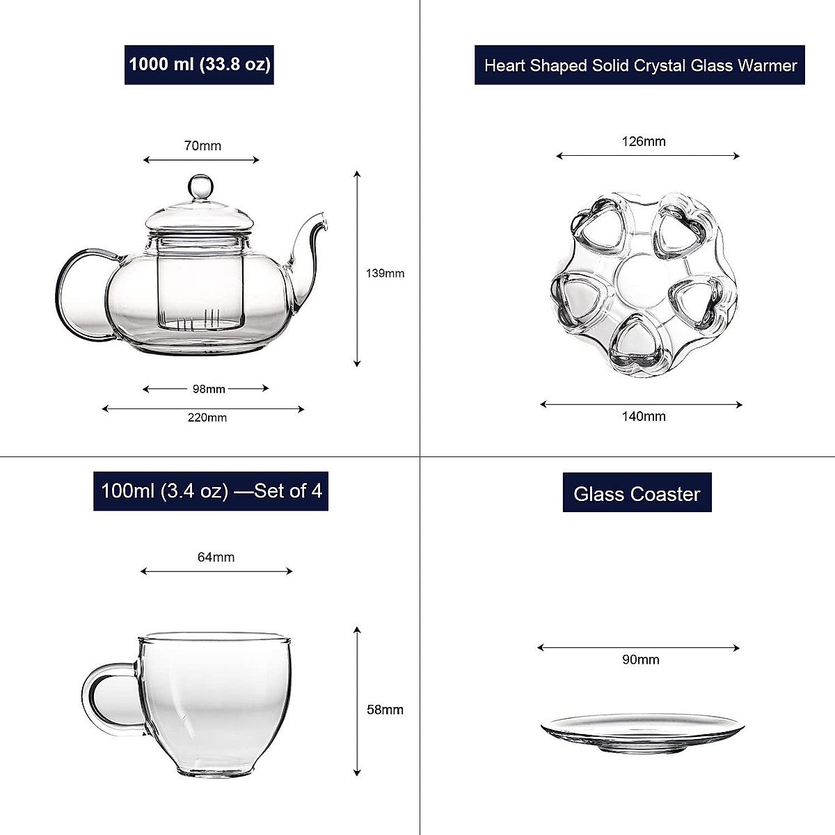 Adorable Full Glass Kettle Teapot Set with Removable Infuser Strainer and 4 Cups and Saucers and Heart Shaped Candle Holder Warmer Heating Base for Tea Blooming Loose Leaf Home Women Gift