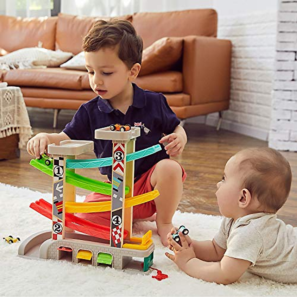 TOP BRIGHT Car Ramp Toy for 2 3 Year Old Boy Gifts, Toddler Race Track Toy for 18 Month Old with 4 Wooden Cars and 3 Car Garage
