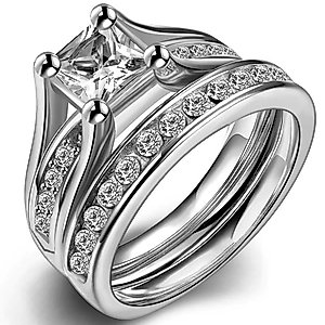 Jude Jewelers Stainless Steel Princess Cut Wedding Engagement Ring Set Anniversary Propose Eternity Bridal Halo (7.5)