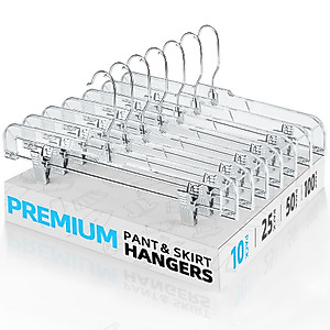HOUSE DAY Clear Skirt Hangers with Clips, Non-Slip Plastic Pant Hangers with Adjustable Clips, Slim Clip Hangers for Pants, Skirts, Shorts, 14" Clear Hangers 10 Pack, 360-Rotating Swivel Hook