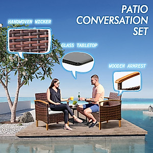 3 piece Outdoor Patio Furniture Set Outdoor Furniture Set with Table Outside Lawn Patio Chairs Set of 2 Patio Conversation Sets Bistro Wicker Patio Set for Porch Balcony Backyard Pool Deck(Brown)