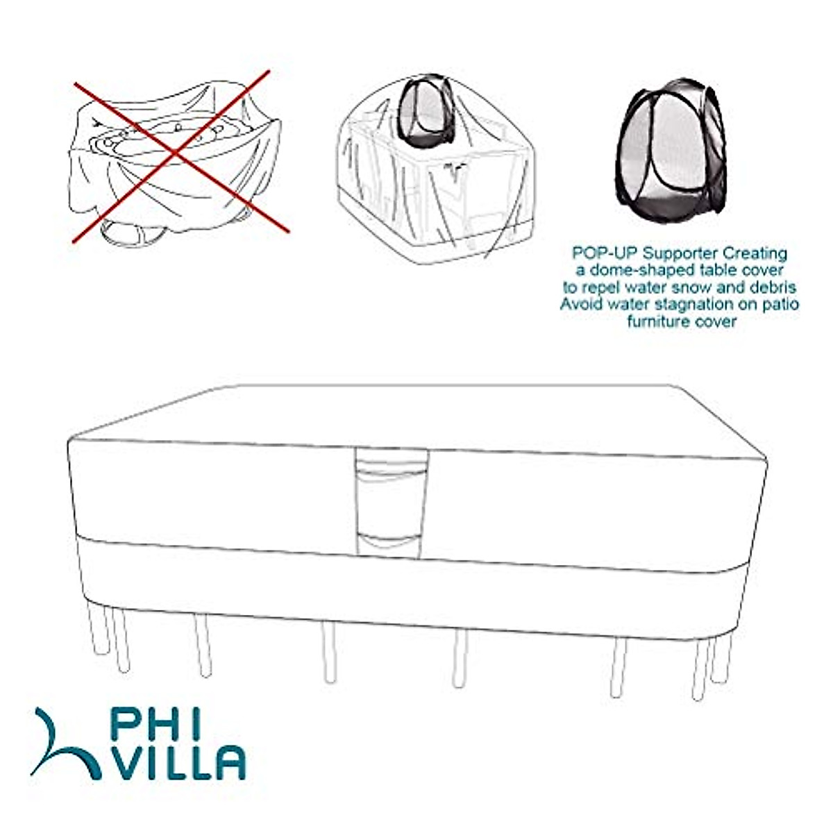 PHI VILLA Patio Table Set Covers Waterproof, Outdoor Dining Table and Chair Cover with Pop-up Supporter, Extra Large Rectangular Heavy Duty Patio Cover 129"L X 83"W X 23"H, Beige & Brown