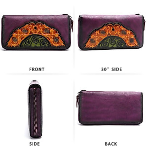 IVTG Genuine Leather Wallets for Women Long Purse Vintage Embossing Cowhide Handmade Small Clutch (Purple)