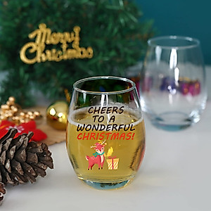 Jogskeor Cheers to a Wonderful Christmas Wine Glass, Christmas Elk Stemless Wine Glass for Friends Dad Mom Women Men Christmas New Year Wedding Party Winter Holiday Party, 15 Oz