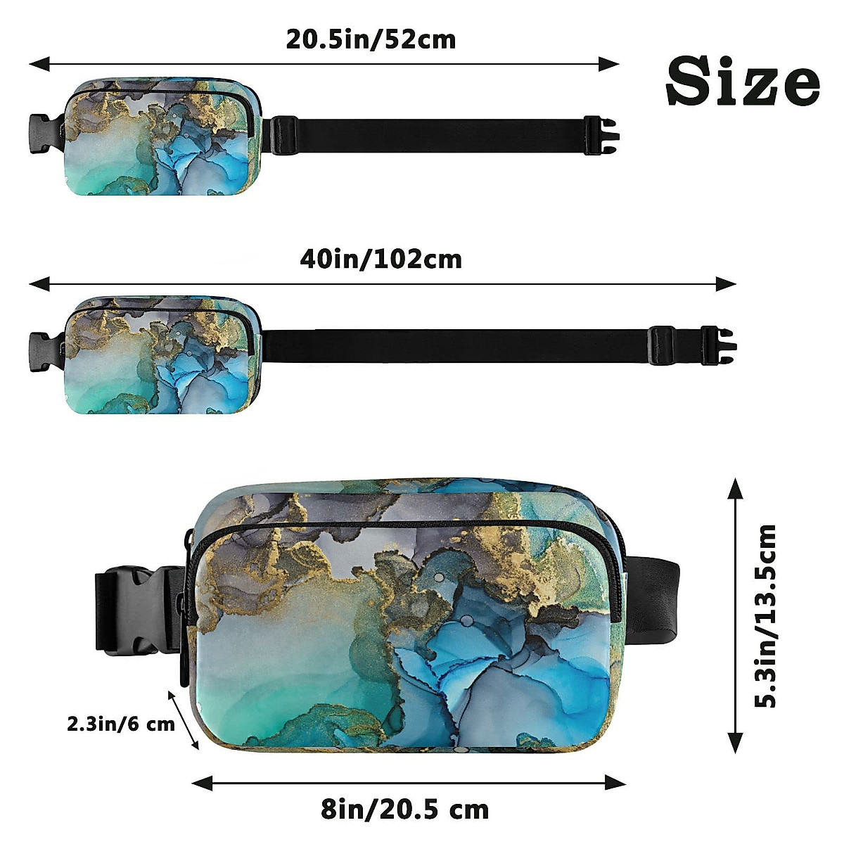 Mixed Blue, Grey, Golden Alcohol Ink Abstract Marble Texture Adjustable Belt Running Bag, Crossbody Fanny Pack Waist Runners Bag Tote for Women Men Sports Hiking Fitness Exercise Gym Pouch