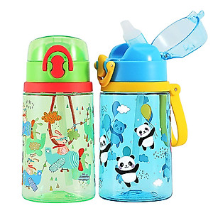 Home Tune 2 Pack Cute Water Bottles with Straw for Kids Girls Boys, BPA FREE Tritan & Leak Proof & Secure Lock & Soft Carry Loop, 14oz / 400ml (Airplane & Panda)