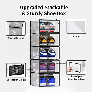 12 Pack Shoe Storage Bins, Clear Plastic Stackable Shoe Organizer for Closet, Space Saving Foldable Shoe Rack, Shoe Box Sneaker Holder Container, Black Frame