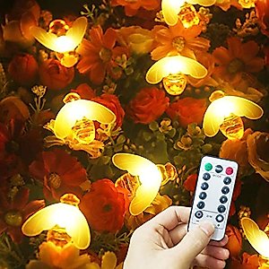 Xingpold Honeybee String Lights Battery Operated, 50 LED 25 ft 8 Modes Waterproof Fairy Garden Lights with Remote & Timer for Kids Tent Patio Camping Wreath Christmas Indoor Outdoor Decor Warm White