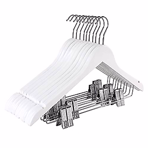 TOPIA HANGER Wooden Suit Hangers with Adjustable Metal Clips (10 Pack), Solid Smooth Wood Clothes Hangers, 360° Swivel Hook, Premium Pants Hangers for Clothes Coat, Jeans, Blouse-White,CT28W