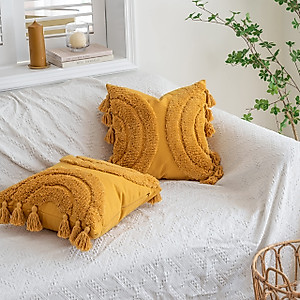 Foindtower Half Moon Accent Boho Tufted Decorative Throw Pillow Cover, Cozy Bohemian Rainbow Design Cotton Canvas Cushion Cover | Tassels Pillow Case Home Decor 18"X 18" Mustard Yellow 1 Piece