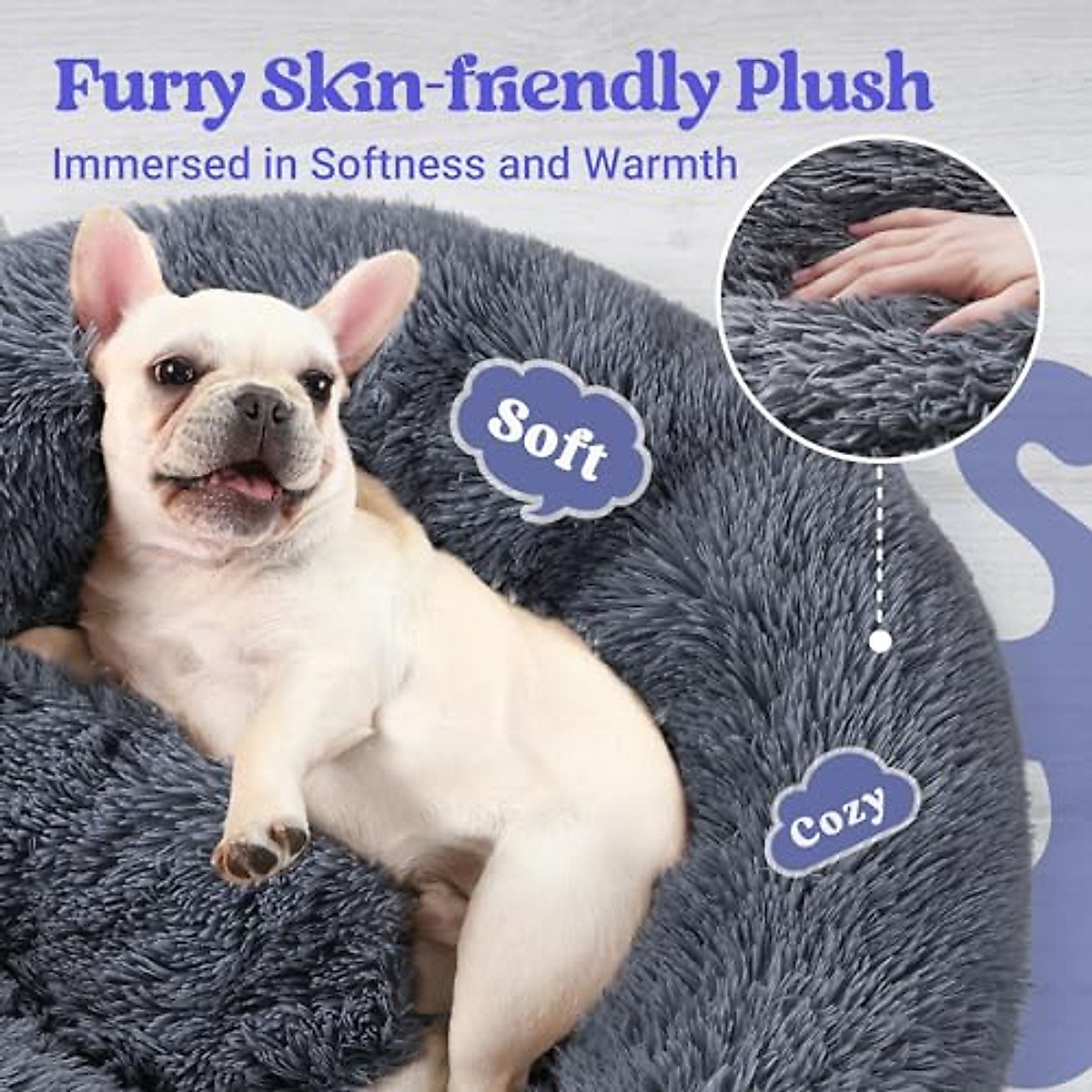 rabbitgoo Dog Bed for Small Dogs, 24 inches Washable Small Dog Bed, Fluffy Donut Dog Bed Anti-Slip, Calming Soft Plush Round Pet Bed for Dogs, Fits up to 18 lbs Pets, Dark Grey