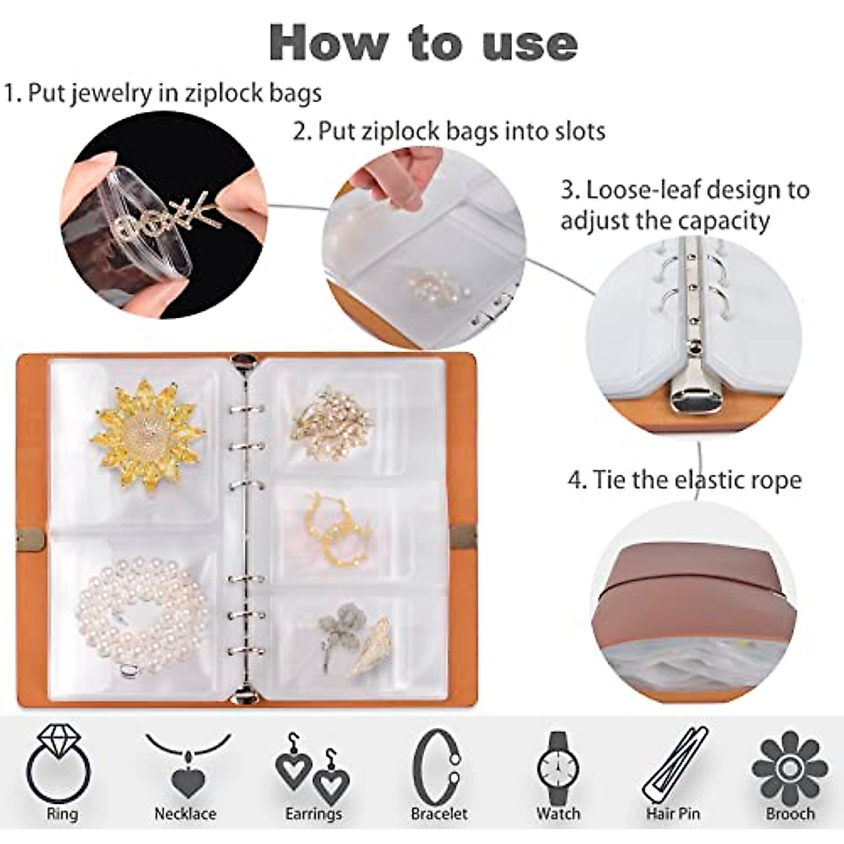 ChezMax Travel Jewelry Organizer, Transparent Jewelry Storage Book with Pockets, PU Leather Earrings Album, Small Accessories Holder for Bracelets Necklace Rings (40 Grids+40 Anti-Oxidation PVC Bags)